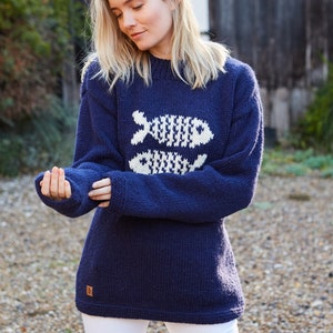 Men's and Women's Fish Knitted Jumper - Navy Blue Sweater - 100% Wool ...