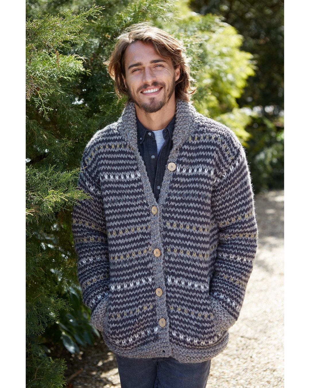 Men's Hand Knitted Chunky Cardigan, 100% Wool, Unlined Natural Neutral ...