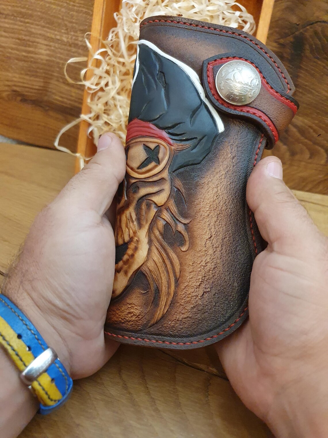 Leather Pirate Skull Tooling Wallet With Concho Made of Real Old Coin ...