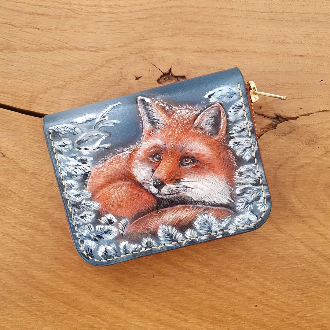 Hand-painted Leather Wallet: Fox Design, Small Zipper Purse - Etsy