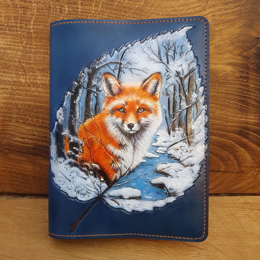 Handmade A5 Leather Journal Cover, Winter Fox Airbrush Art - Etsy