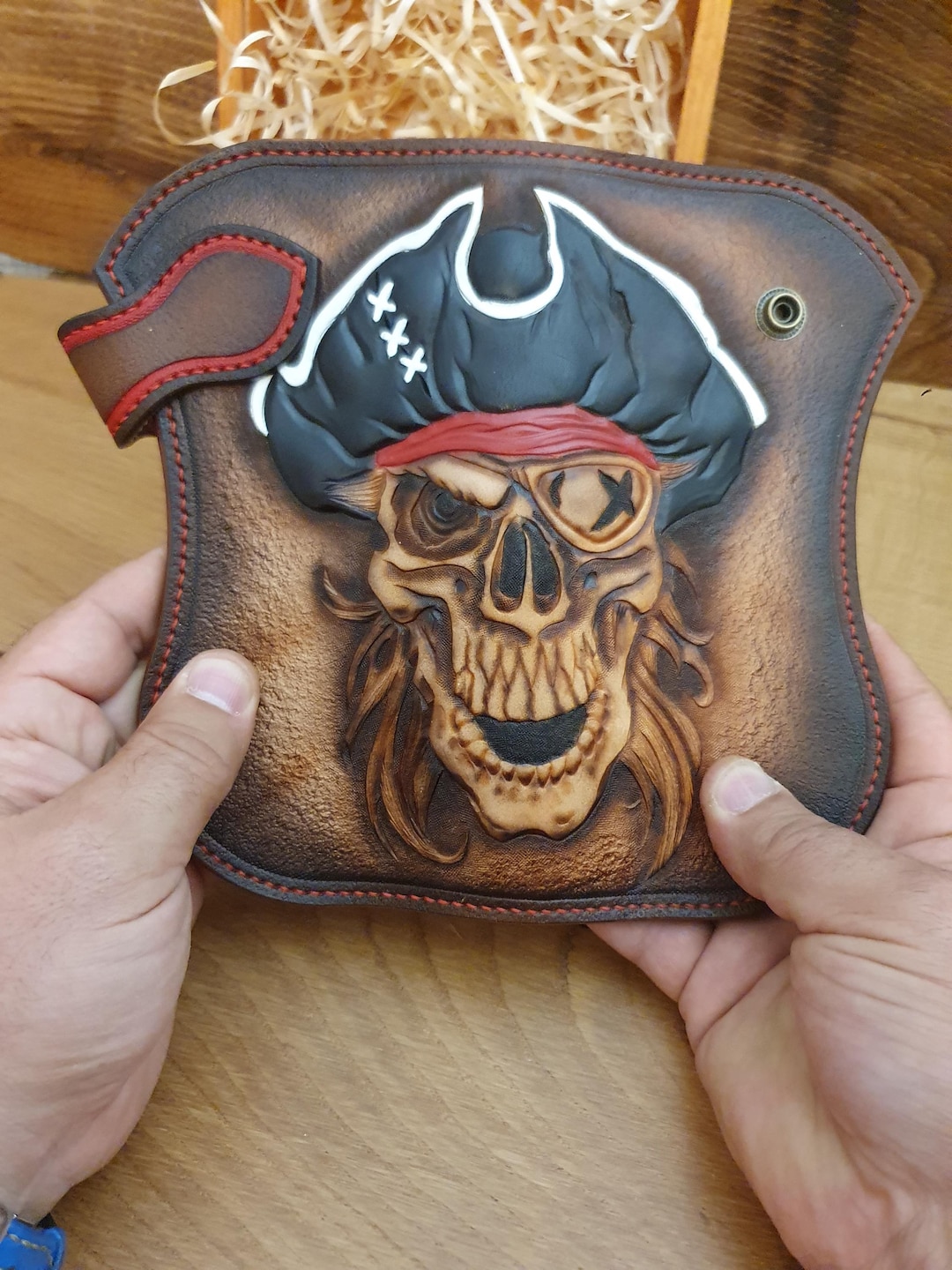 Leather Pirate Skull Tooling Wallet With Concho Made of Real Old Coin ...