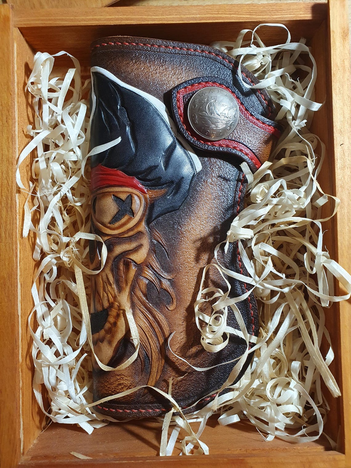 Leather Pirate Skull Tooling Wallet With Concho Made of Real Old Coin ...