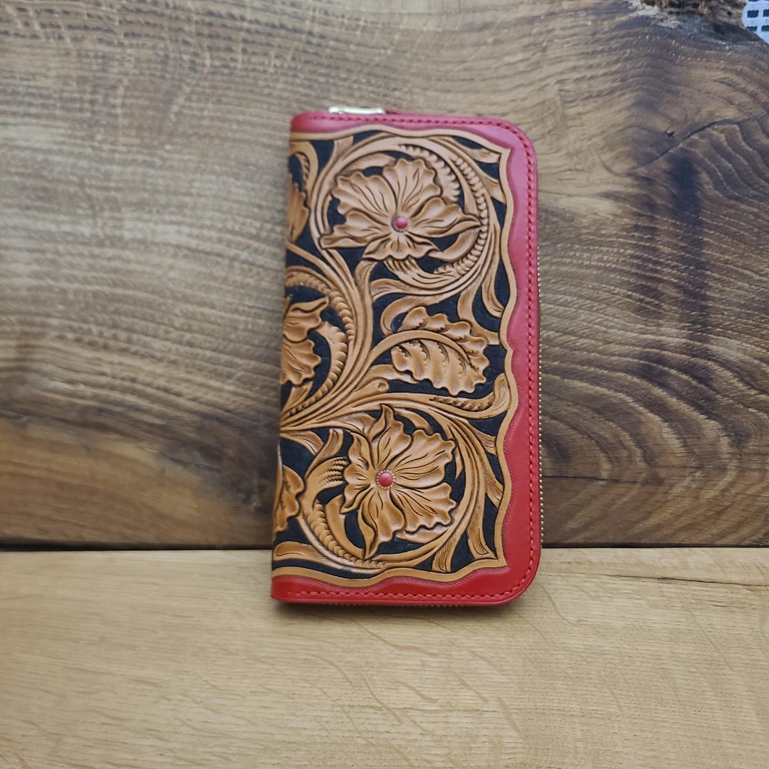Hand Tooled Leather Zip Wallet, Sheridan Floral Carving, Luxury Gift - Etsy