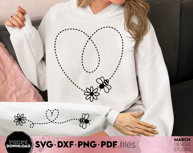 Bee Svg, Heart Dotted Line Svg, Honeybee, Bumblebee, Heart Trail, Heart ...