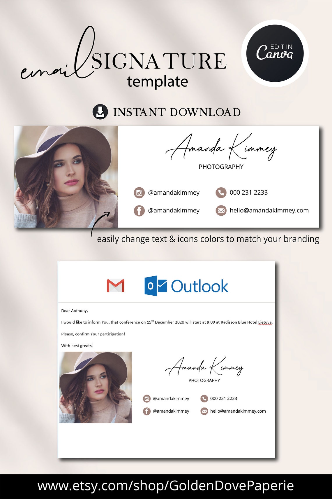 EMAIL SIGNATURE TEMPLATE With Picture and 20 Icons Gmail | Etsy