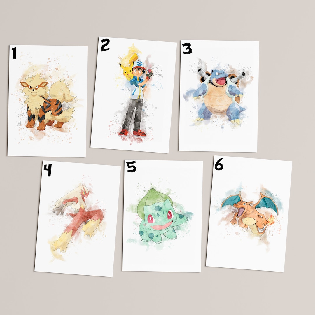 Watercolour Pokémon Wall Art Print, Retro Anime Style Creature Poster ...