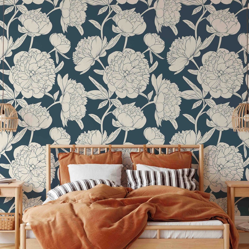Large Blue Floral Wallpaper - Etsy