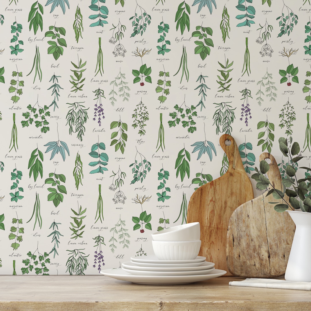 Kitchen Wallpaper With Herbs Illustrations - Etsy