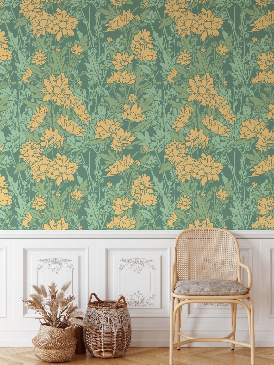 Green Floral Wallpaper Botanical Wallpaper Removable | Etsy