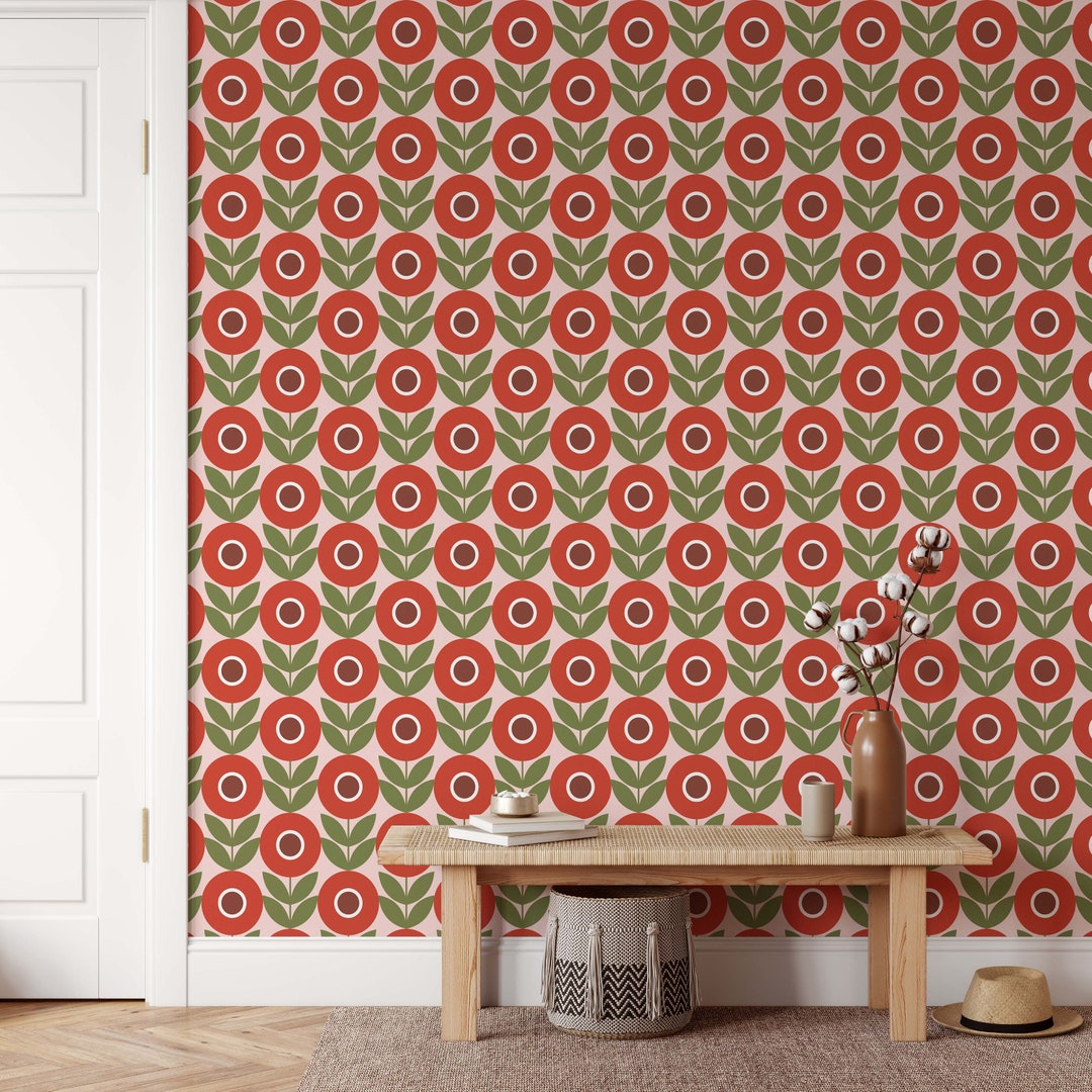 Red Floral Removable Wallpaper: Retro Scandi Peel and Stick - Etsy