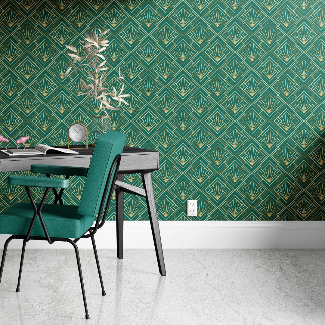 Emerald Green Art Deco Wallpaper, Geometric Removable Peel and Stick ...