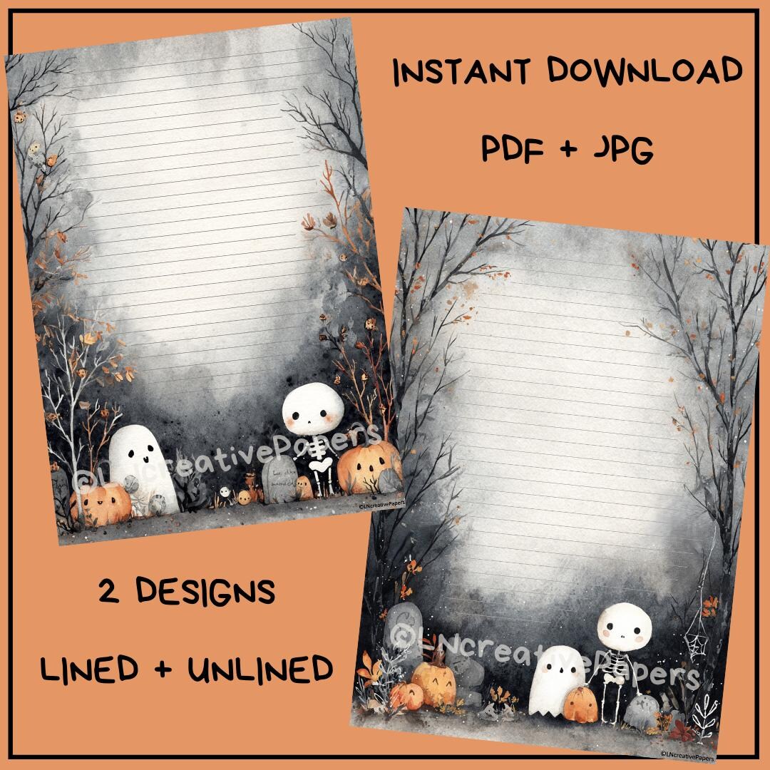 Printable Halloween Letter Paper With Cute Ghost and Skeleton - Etsy