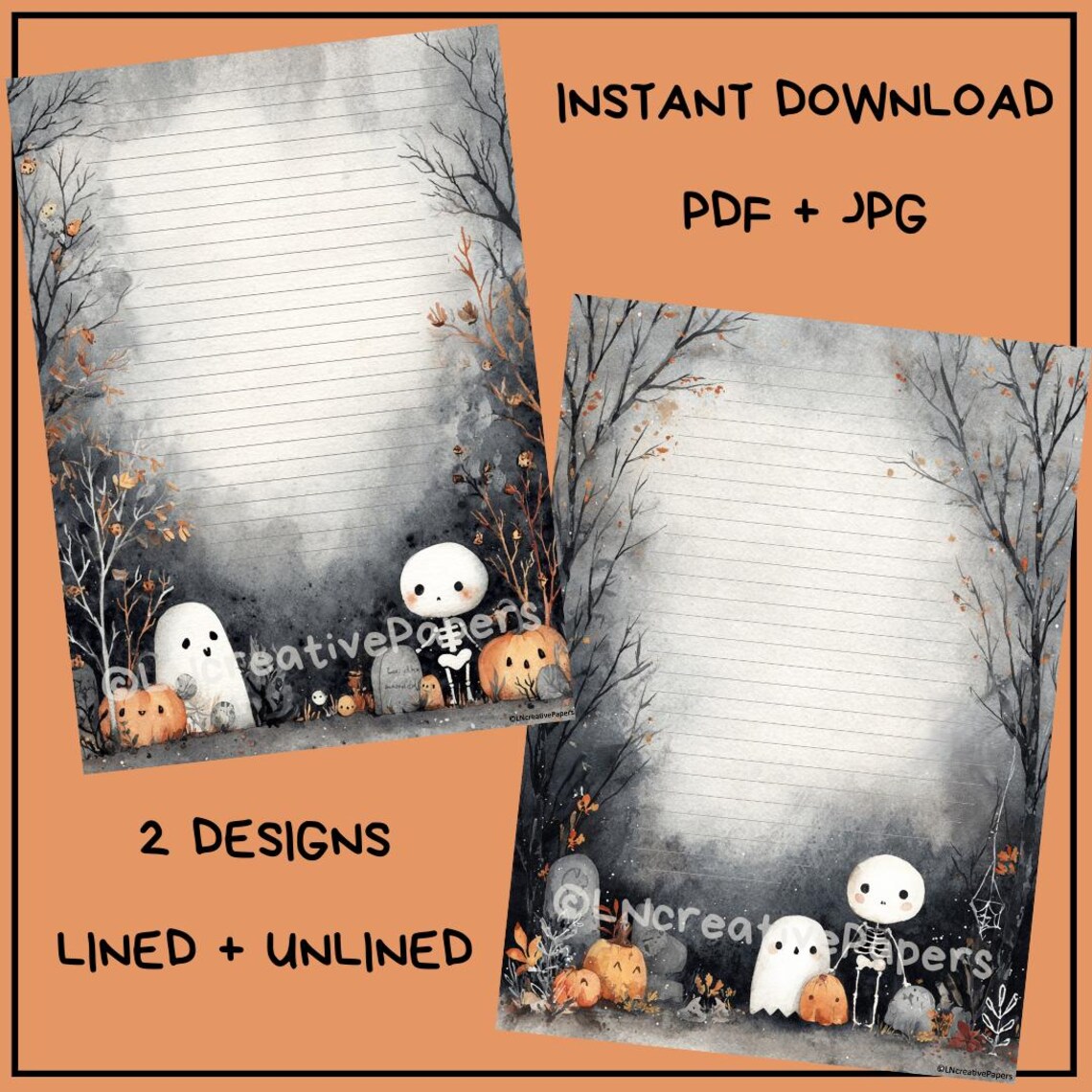 Printable Halloween Letter Paper With Cute Ghost and Skeleton - Etsy