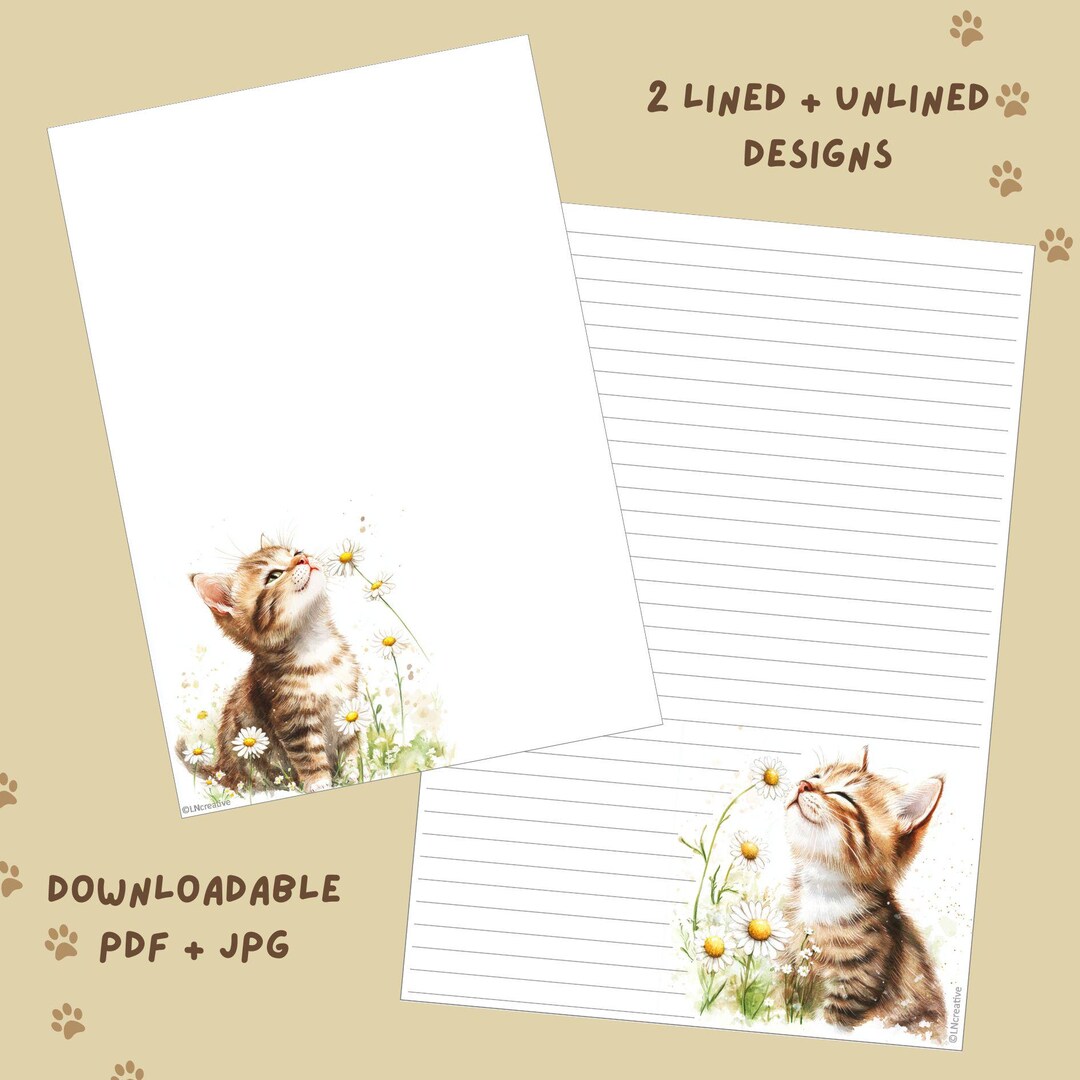 Printable Writing Paper With Cute Cat and Daisies, Lined and Unlined ...