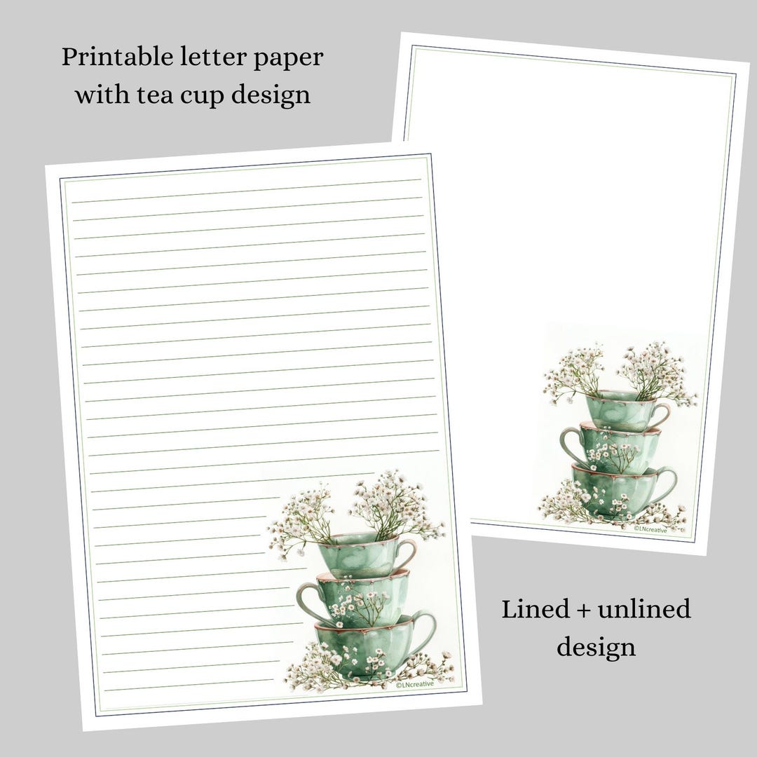 Printable Letter Paper With Beautiful Tea Cup Design, Lined and Unlined ...
