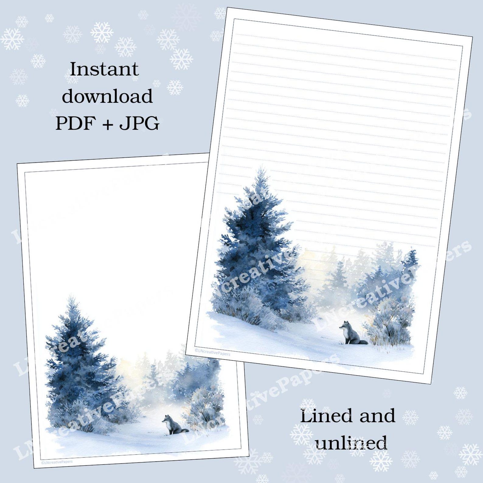 Printable Writing Paper With Winter Fox in the Snow, Lined and Unlined ...