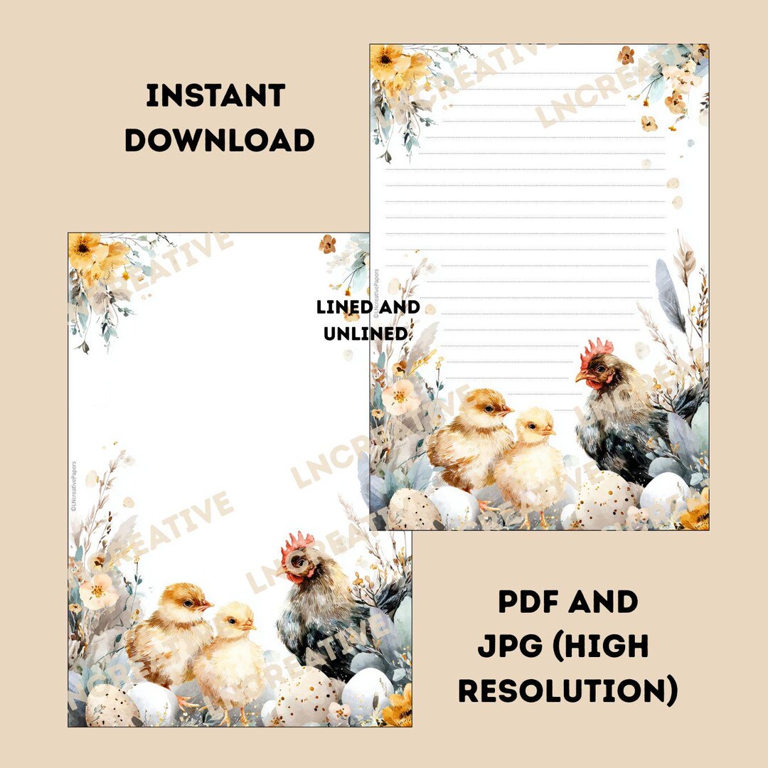 Printable Writing Paper With Easter Chicken and Decorations, PDF and ...