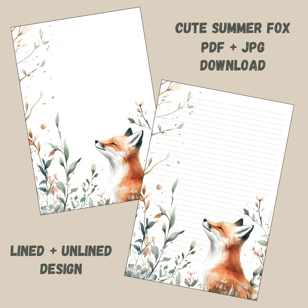 Writing Paper With Cute Summer Fox Design, Lined and Unlined! - Etsy