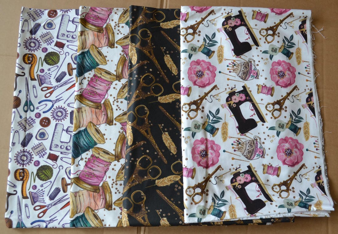 Set of 4 Fat Quarters, Motif - Sewing Accessories, 100% Cotton, 3D ...