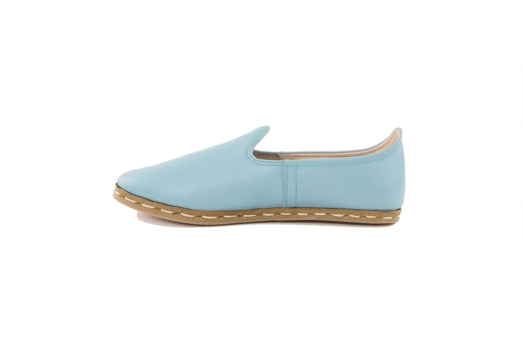 Handmade Turkish Leather Loafers for Women Turquoise Blue Slip-on Shoes ...