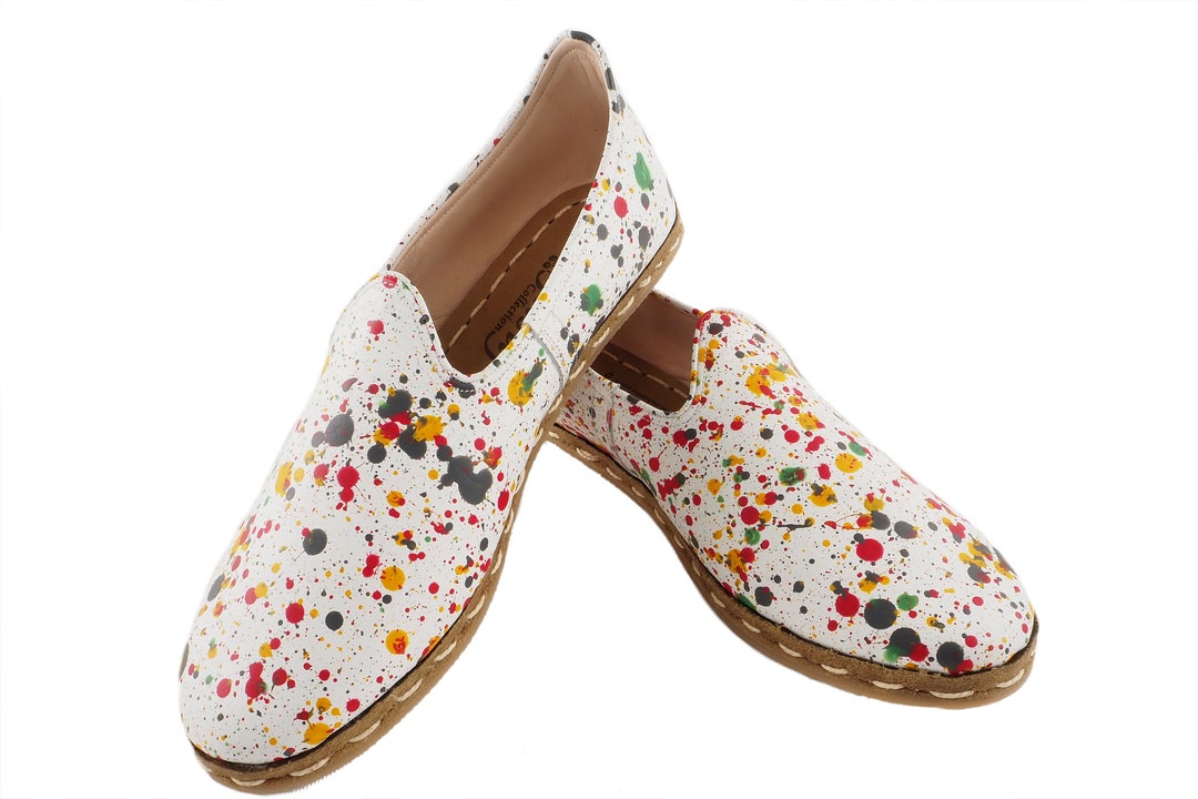Handmade Turkish Leather Loafers for Men White Splatter Paint Slip-on ...