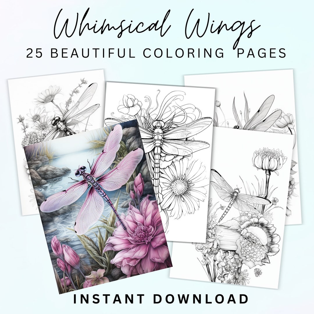 Whimsical Wings: Fantasy Dragonfly Grayscale Coloring Pages Printable ...