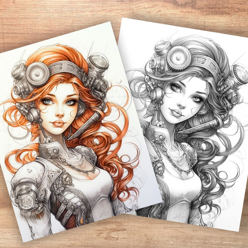 Cogs and Corsets Steampunk Beauties Fantasy Coloring Book Grayscale ...