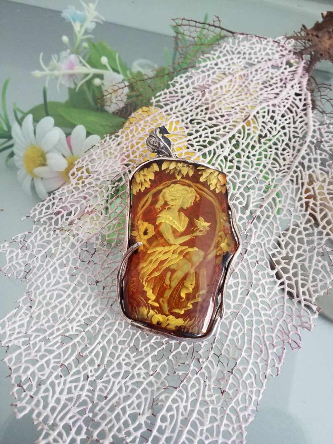 Unique Amber Cameo Pendant in Silver Setting - Etsy