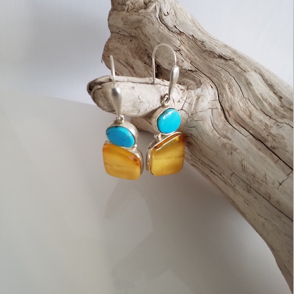 Turquoise and Amber Earrings - Etsy