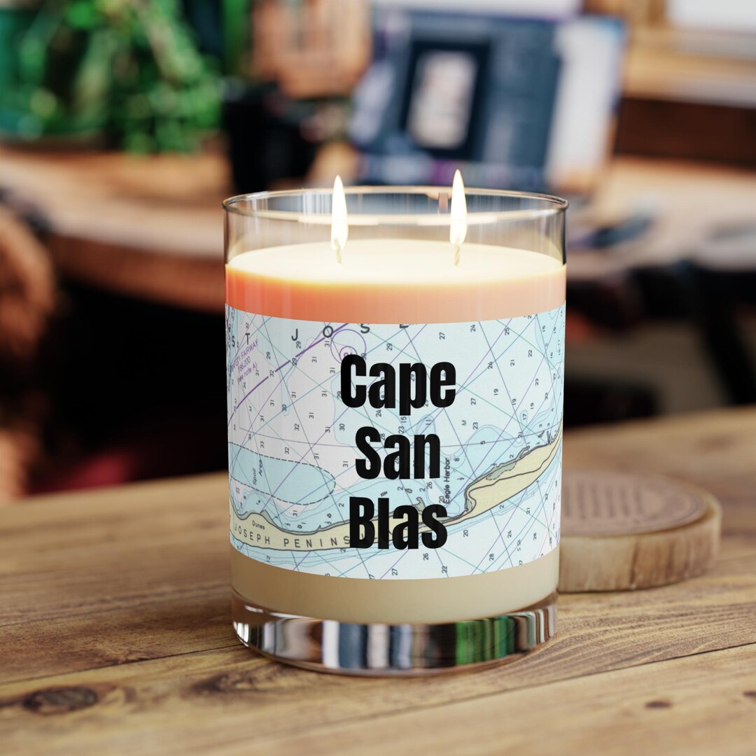 Cape San Blas Map Scented Candle - Full Glass, 11oz Ocean Mist and Moss ...