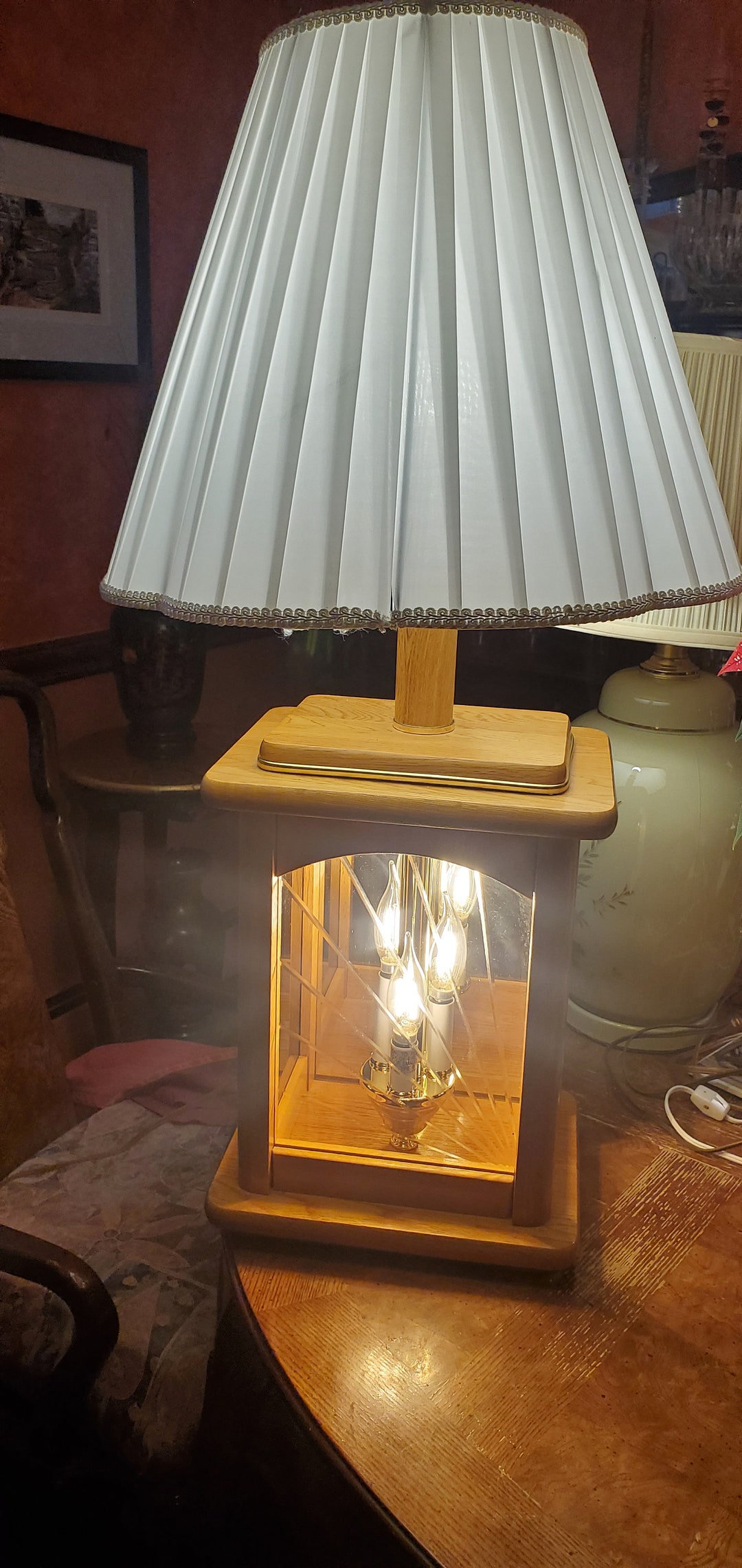 Majestic Solid Oak 3-terminal Light With Pleated and Ribboned White ...