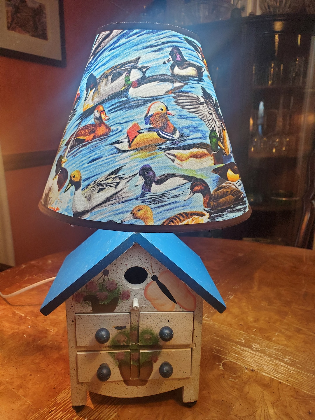 Butterfly and Flower Birdhouse Lamp With Mallard Lampshade - Etsy