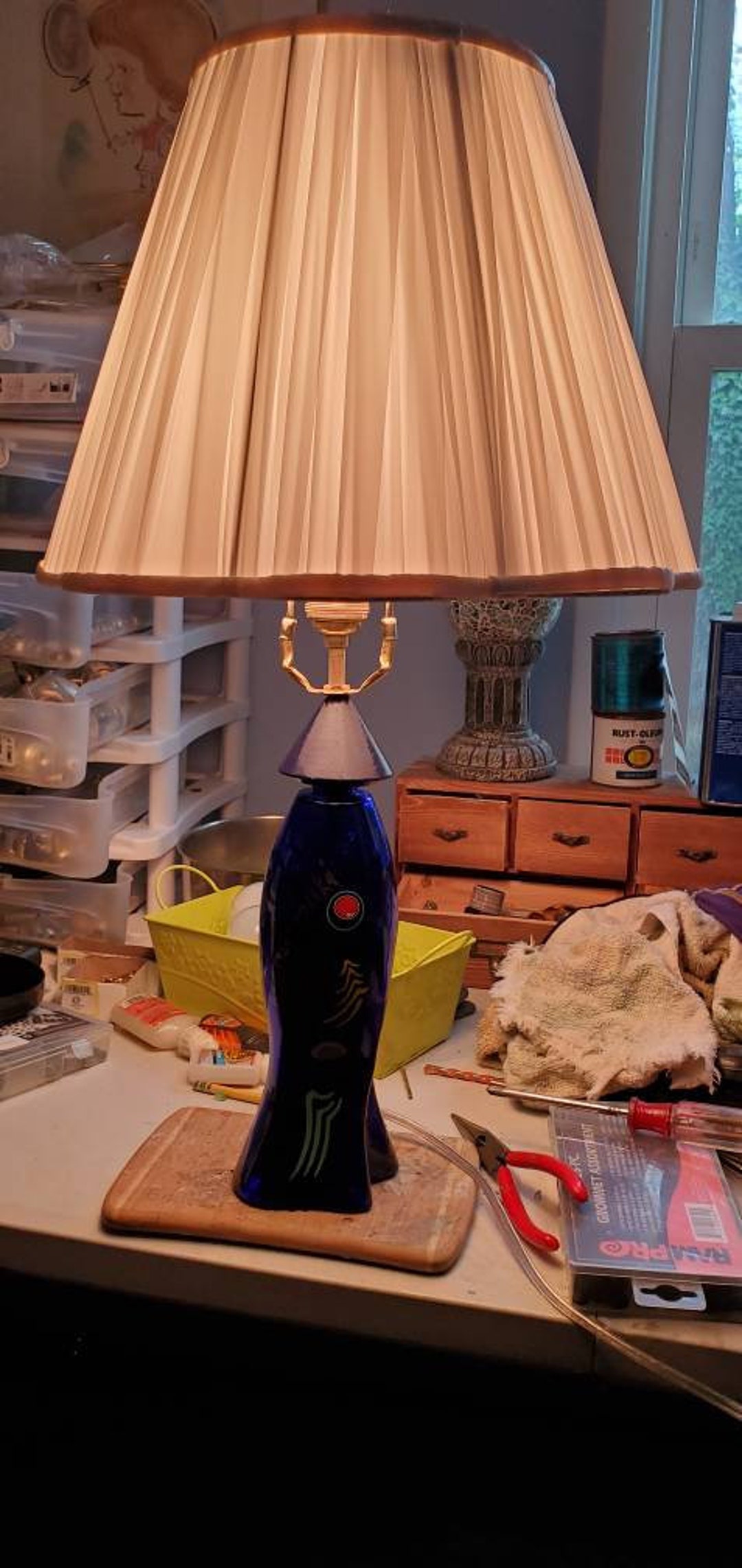 Napa Saki Lamp With Blue Lava Rocks and Pleated White Lampshade - Etsy