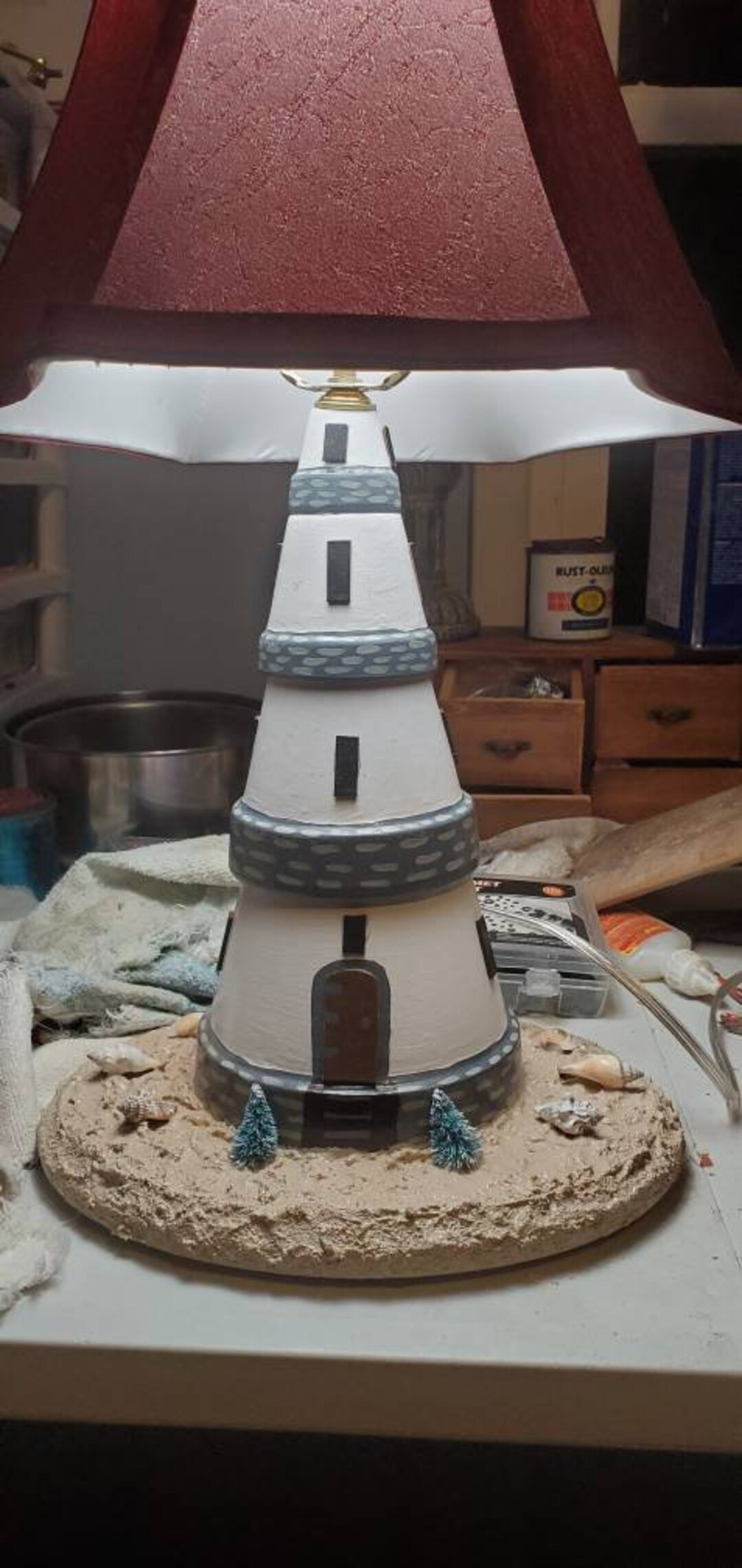 Folk Art Lighthouse Lamp With Seaside Base With Shells and Pine Trees ...
