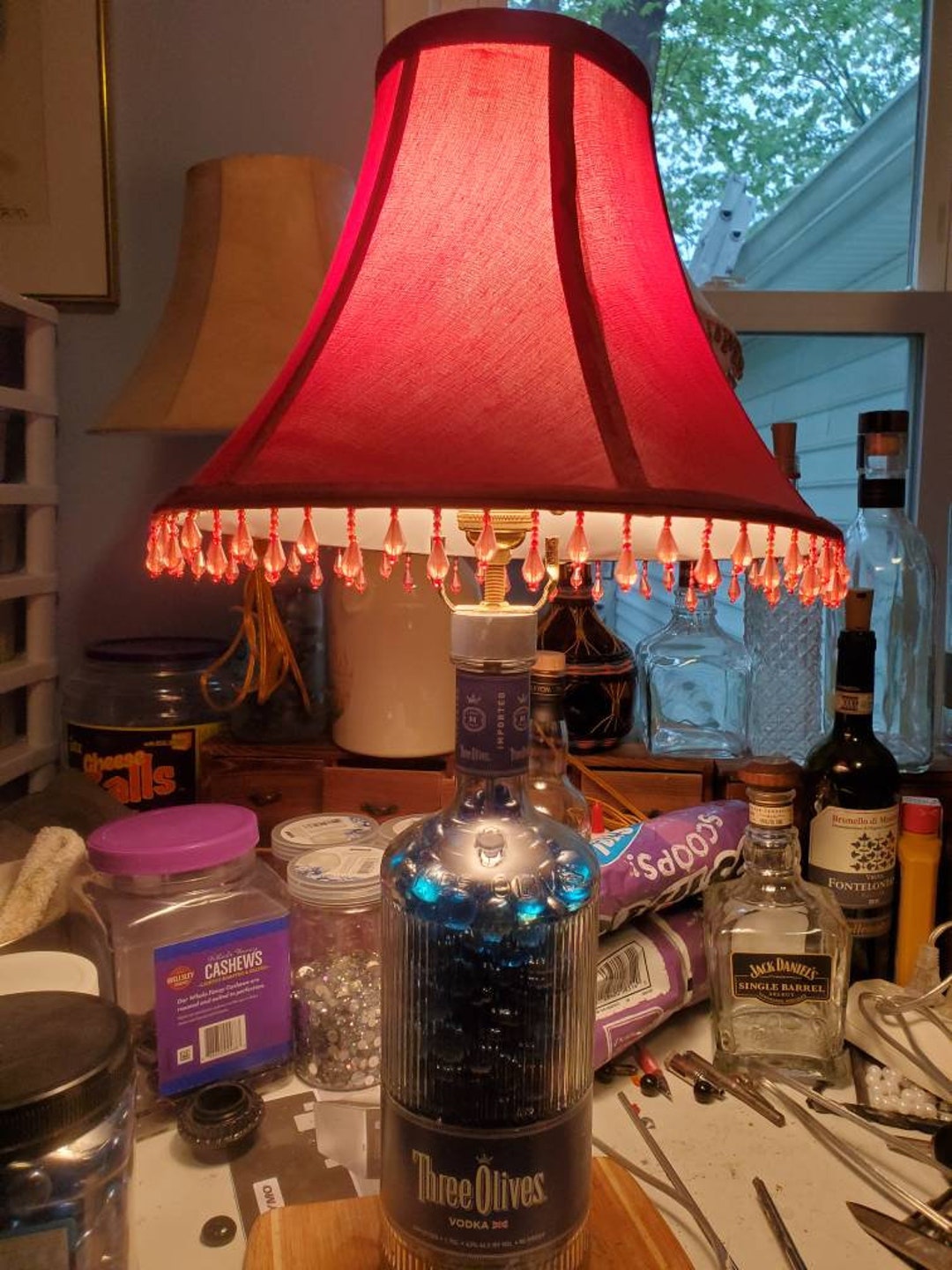 Three Olive Vodka Lamp With Blue Glass Beads and Maroon Tassel Lamp ...