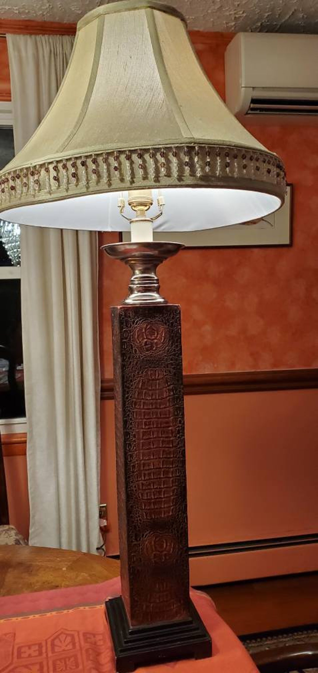 Faux Alligator Lamp With Black Platform Base Siver and Brass Accents ...