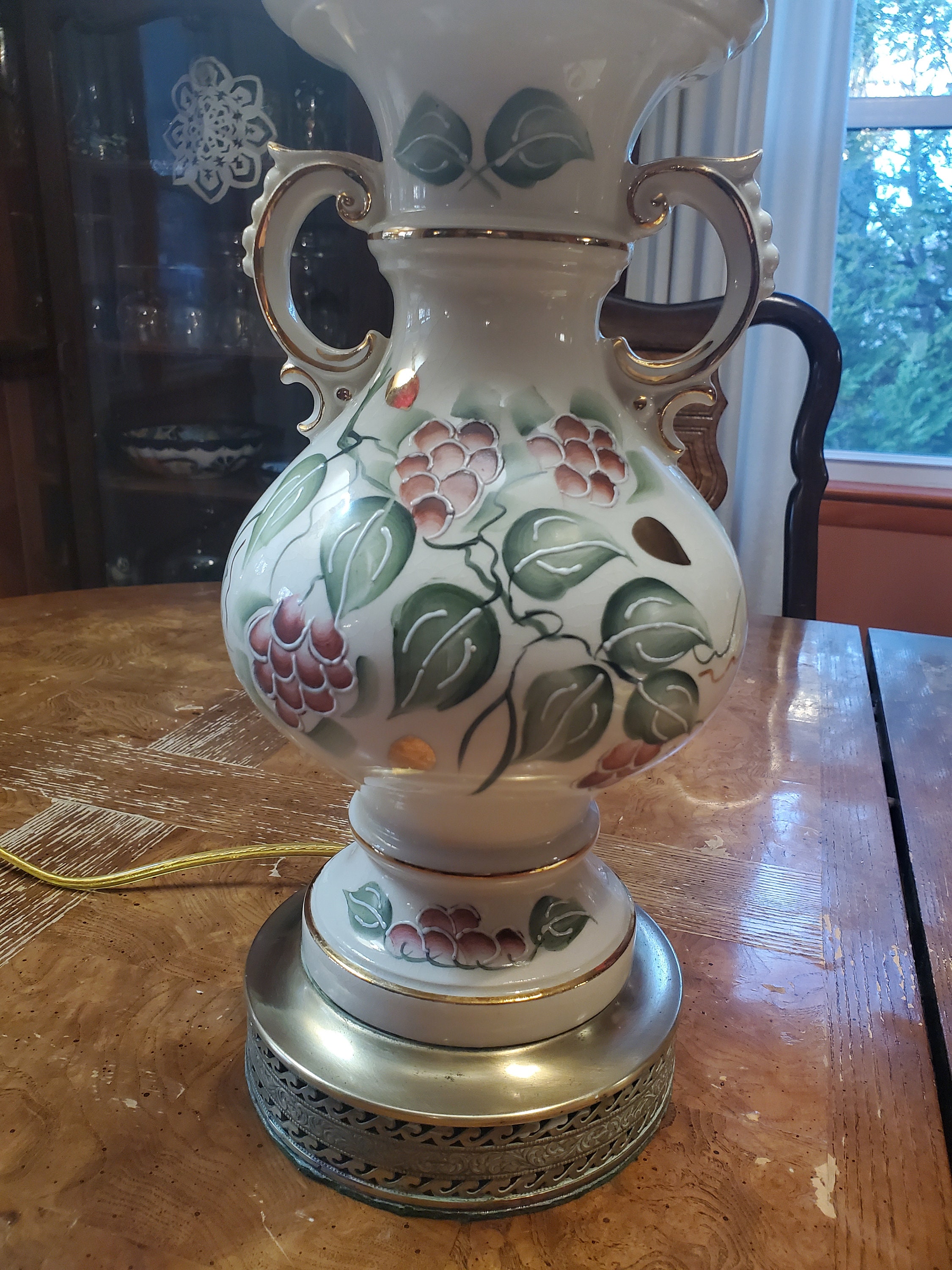 Vintage Ceramic Grapevine Lamp With Ornamental Base With Maroon and ...