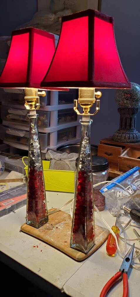 Twin Tower Lamps With Red Lava Glass and Silver Beads With Red Velvet ...