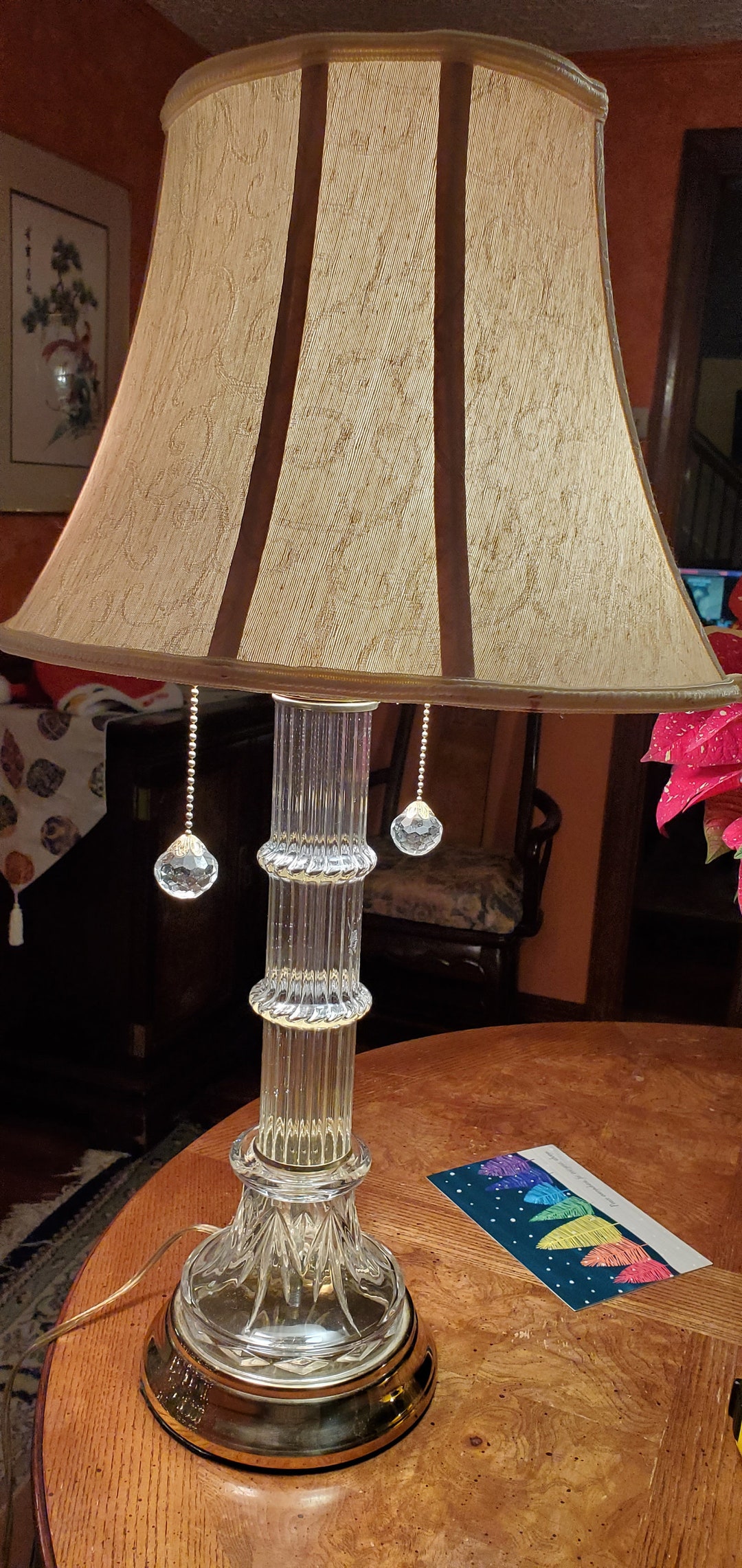 Double Pull Chain Brass and Glass Lamp With Golden Lampshade - Etsy