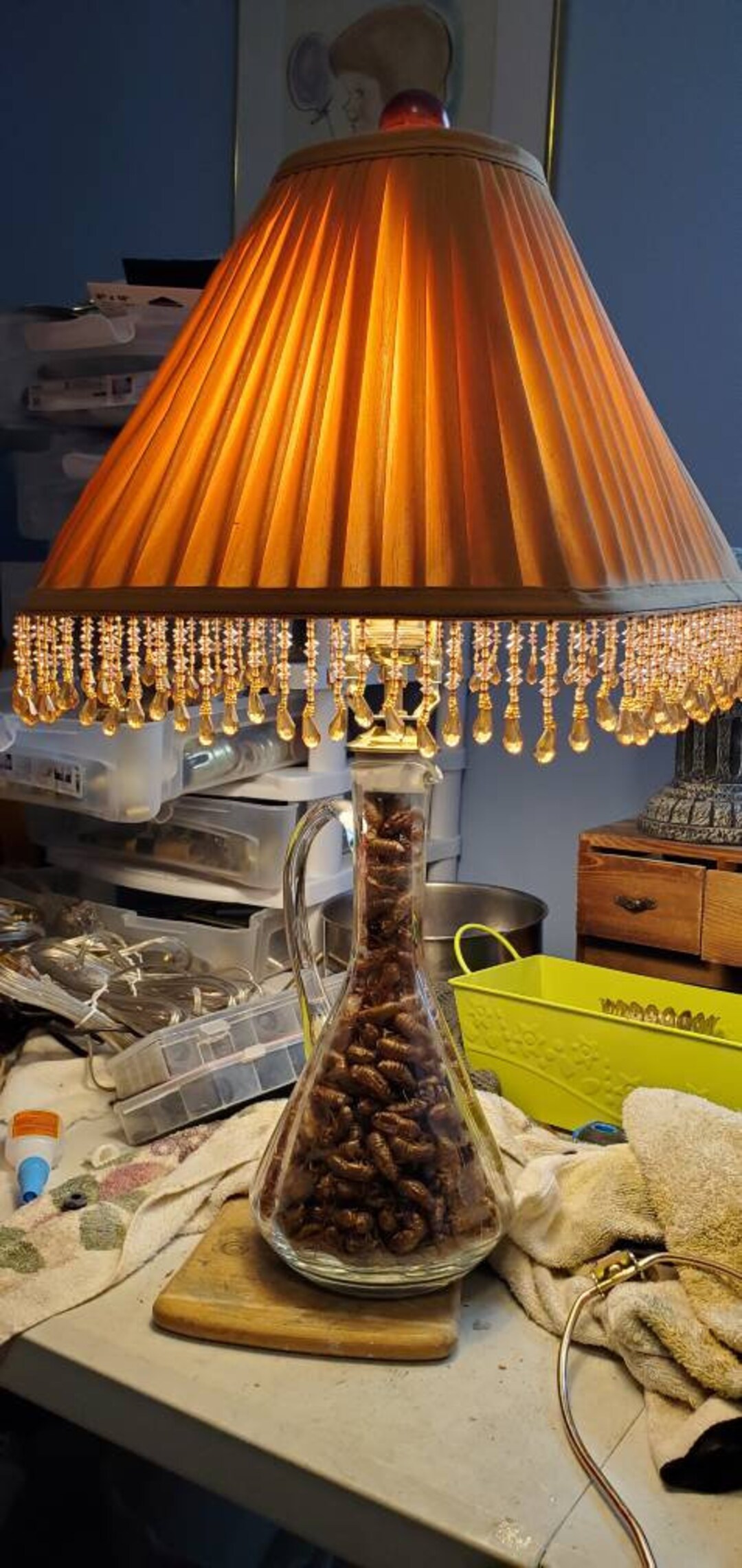 Cicada Molt Lamp With Pleated Lampshade With Tassels and Wooden Finial ...