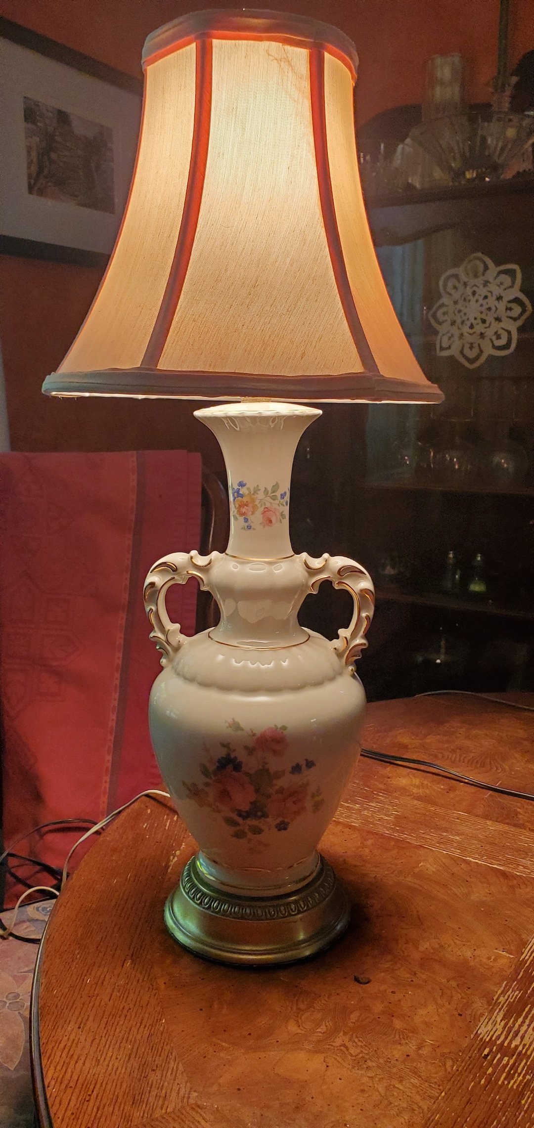 Antique Porcelain Rose Lamp With Golden Handles and Metal Base With ...