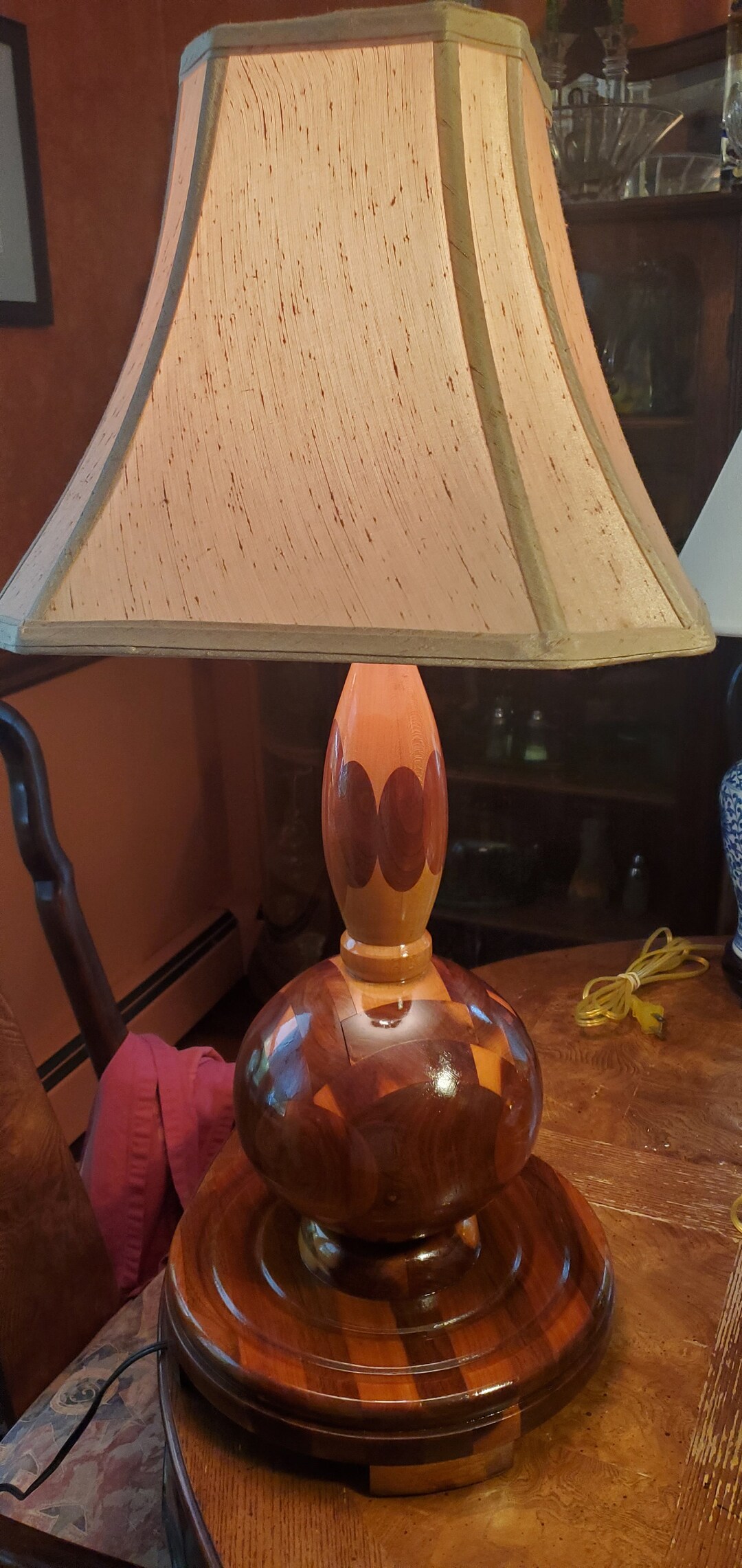Beautiful Round Wooden Lamp With Wooden Base With 8-sided Beige With ...