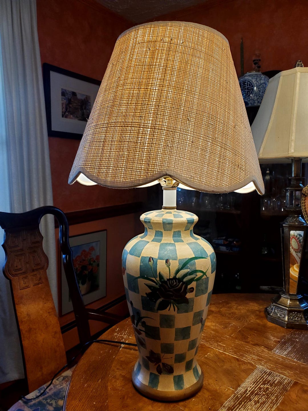 Blue Checkerboard Ceramic Floral Lamp With Scalloped Fenchel Lampshade ...
