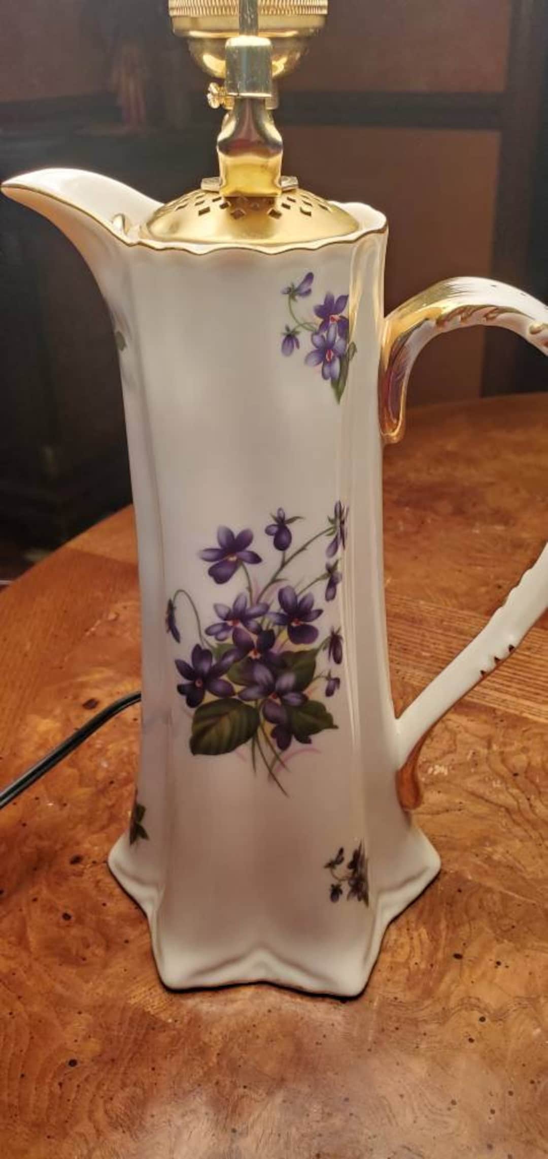 Burton & Burton Pitcher Lamp With Violets and 6-sided White Lampshade ...