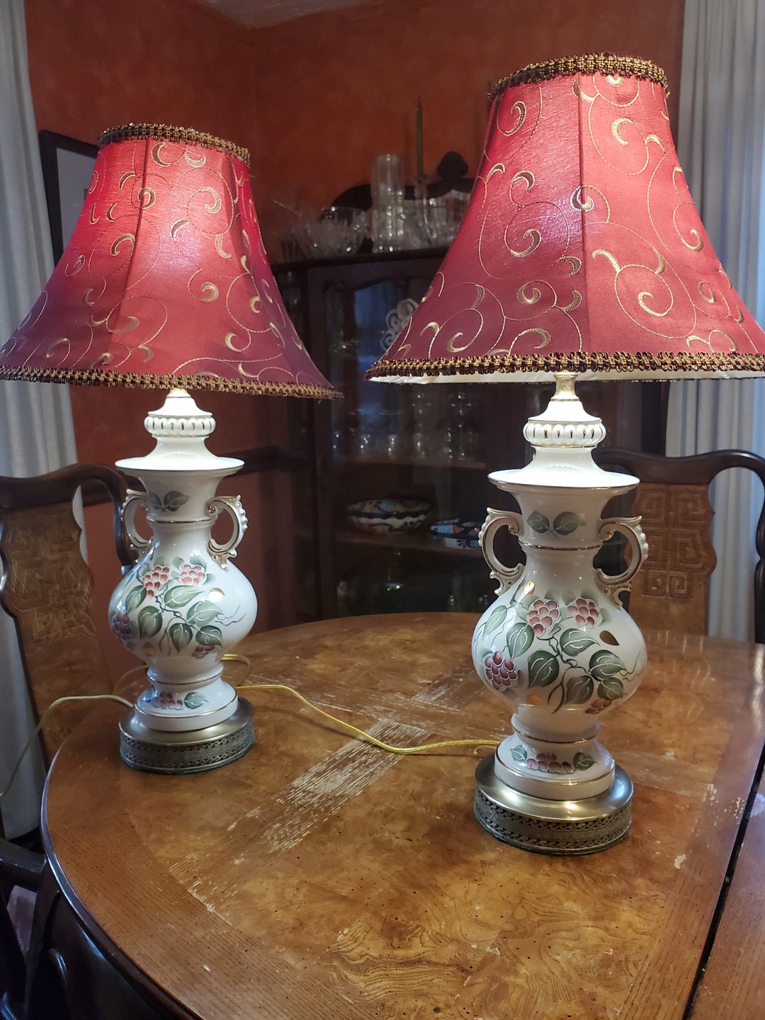 Vintage Ceramic Grapevine Lamp With Ornamental Base With Maroon and ...