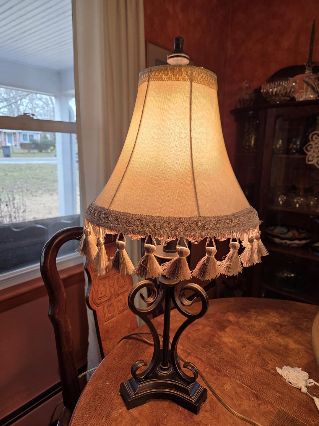Dark Brass Ornate Table Lamp With Double Ribboned Golden Tasseled ...