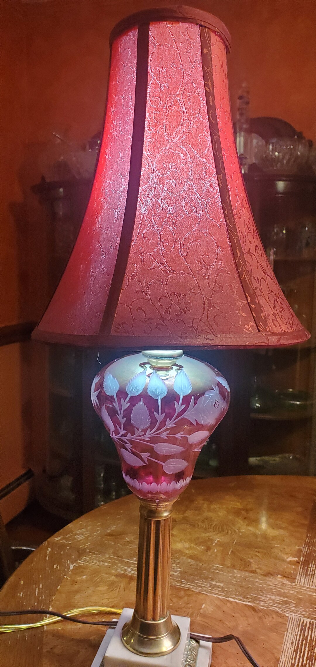 Antique Ruby Red Strawberry Etched Glass Lamp With Marble Base With ...