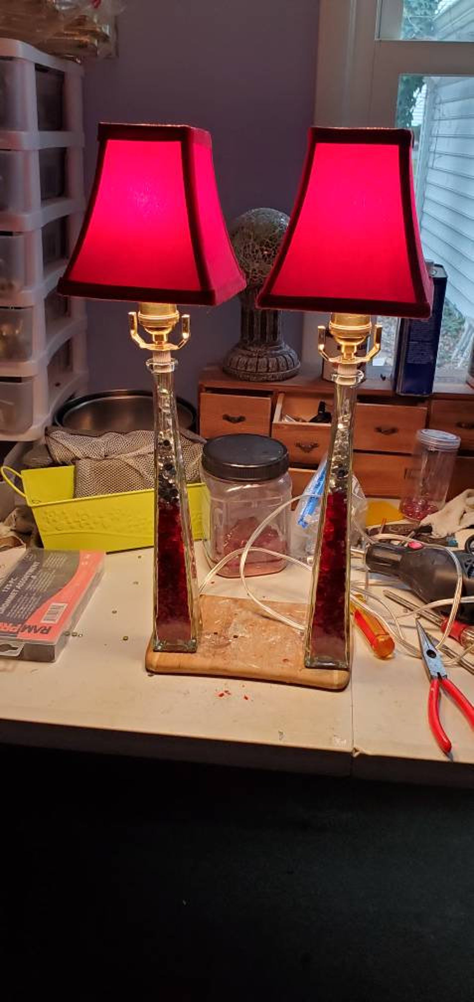 Twin Tower Lamps With Red Lava Glass and Silver Beads With Red Velvet ...
