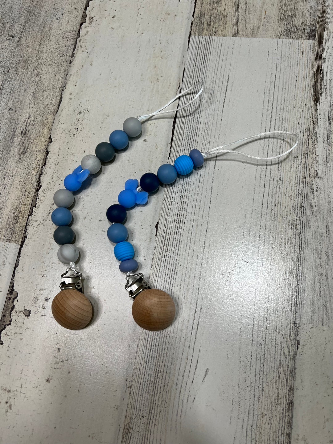 Minnie Mouse Blue-tone Pacifier / Binky Clip With Silicone Beads and ...